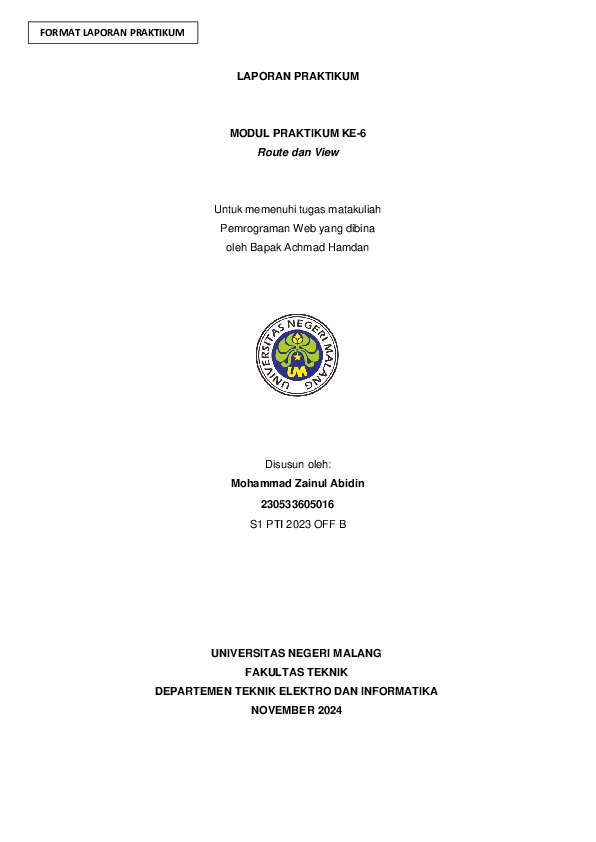 (PDF) Laporan Praktikum Modul 6 (Route & View) - Pemrograman Web