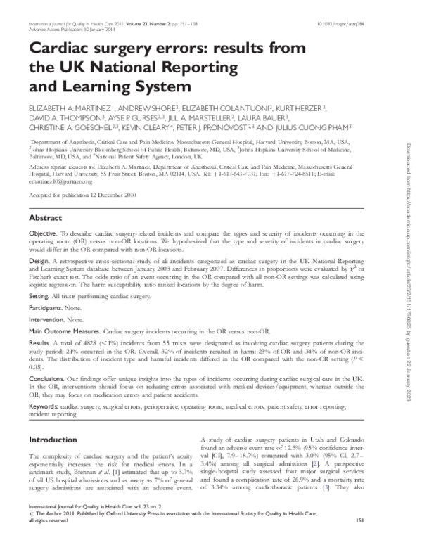 (PDF) Cardiac surgery errors: results from the UK National Reporting ...