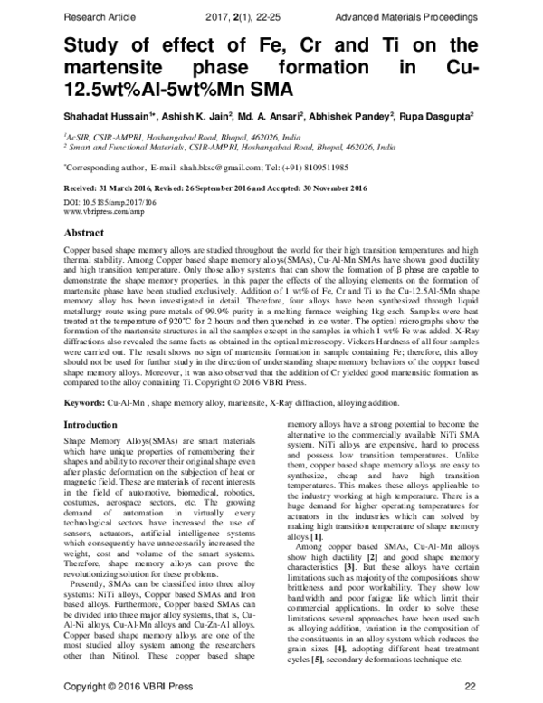 (PDF) Study of effect of Fe, Cr and Ti on the martensite phase formation in Cu-12.5wt%Al-5wt%Mn SMA