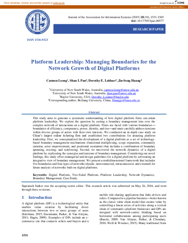 (PDF) Platform Leadership: Managing Boundaries for the Network Growth ...