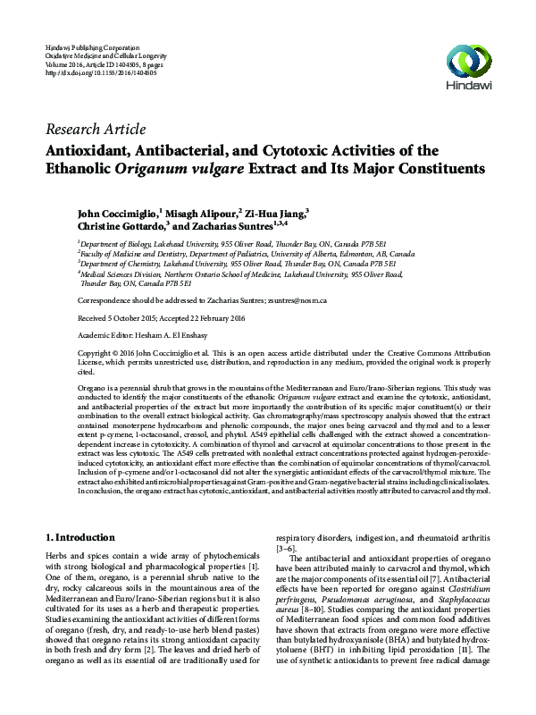 Antioxidant, Antibacterial, and Cytotoxic Activities of the Ethanolic Origanum vulgare Extract ...