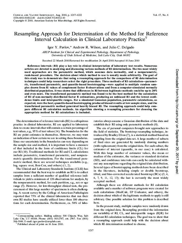 (PDF) Resampling Approach for Determination of the Method for Reference Interval Calculation in ...