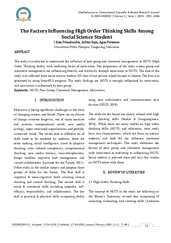 (PDF) The Factors Influencing High Order Thinking Skills Among Social ...