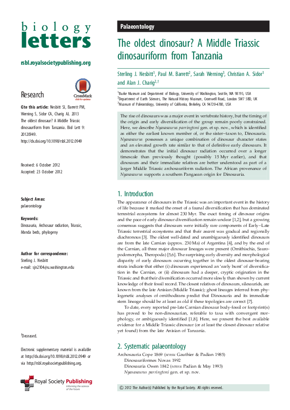 (PDF) The oldest dinosaur? A Middle Triassic dinosauriform from Tanzania