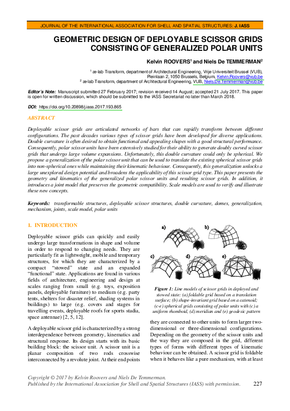 (PDF) Geometric Design of Deployable Scissor Grids Consisting of Generalized Polar Units
