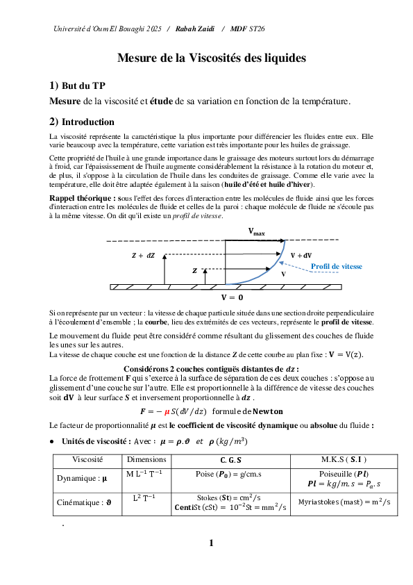 (PDF) TP MDF : Mesure de la Viscosité des liquides ST26