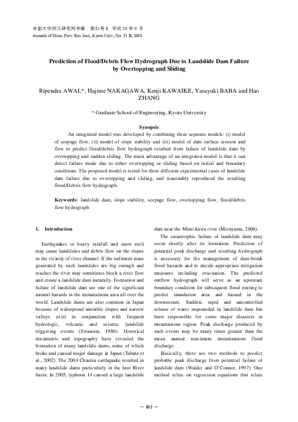 (PDF) Prediction of Flood/Debris Flow Hydrograph Due to Landslide Dam Failure by Overtopping and ...