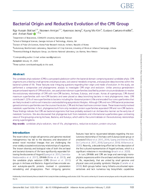 (PDF) Bacterial Origin and Reductive Evolution of the CPR Group