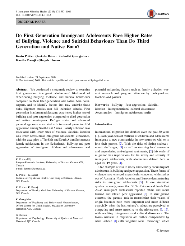 (PDF) Do First Generation Immigrant Adolescents Face Higher Rates of ...