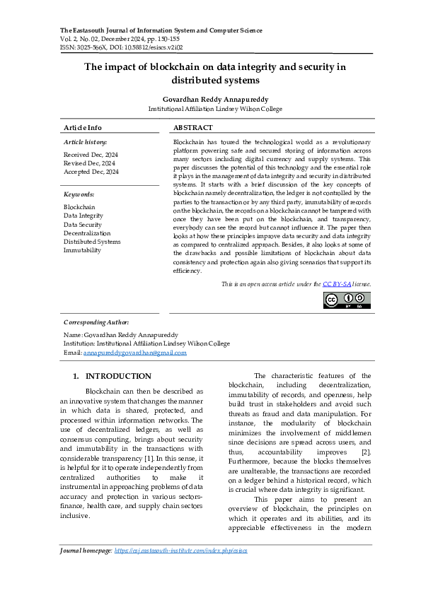 (PDF) The impact of blockchain on data integrity and security in distributed systems