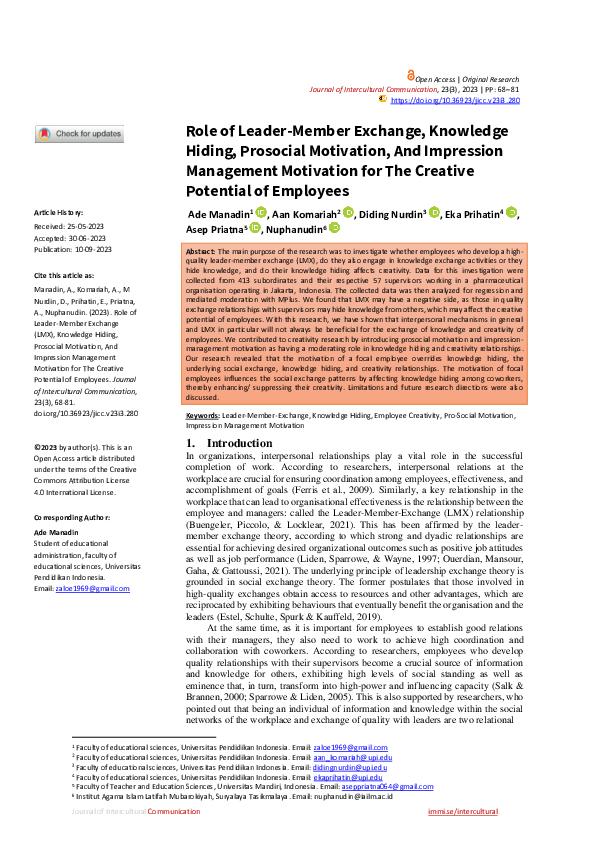 (PDF) Role of Leader-Member Exchange, Knowledge Hiding, Prosocial Motivation, And Impression ...