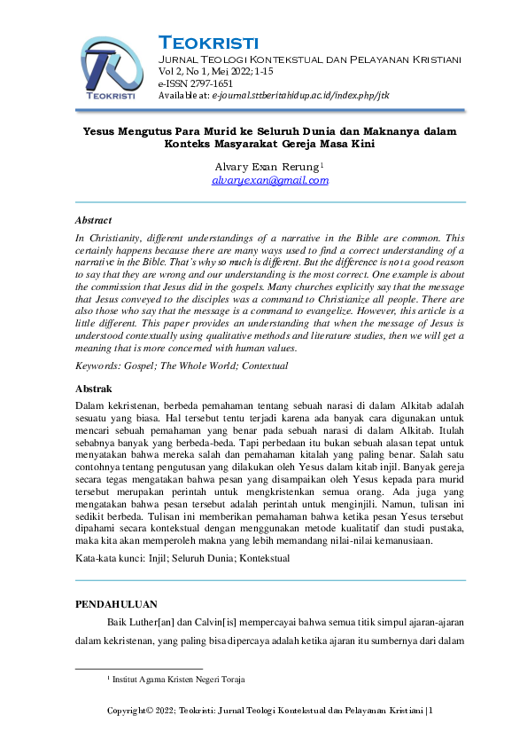 (PDF) Yesus Mengutus Para Murid ke Seluruh Dunia dan Maknanya dalam ...