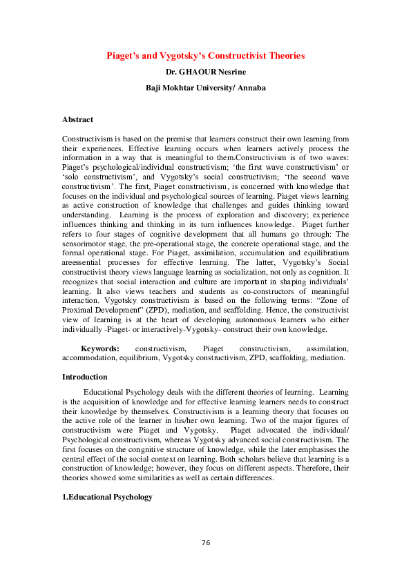 (PDF) Piaget"s and Vygotsky"s Constructivist Theories