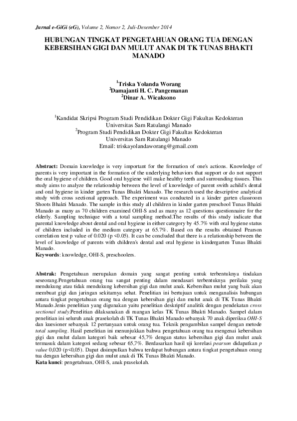 (PDF) Hubungan Tingkat Pengetahuan Orang Tua Dengan Kebersihan Gigi Dan Mulut Anak DI TK Tunas ...