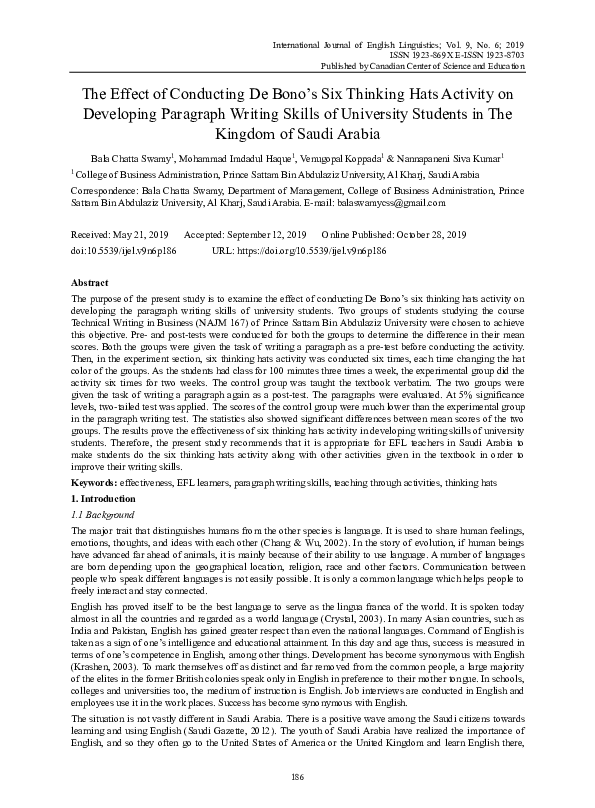 The Effect of Conducting De Bono’s Six Thinking Hats Activity on ...