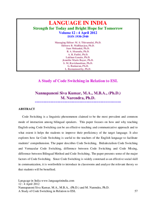 (PDF) A Study of Code Switching in Relation to ESL