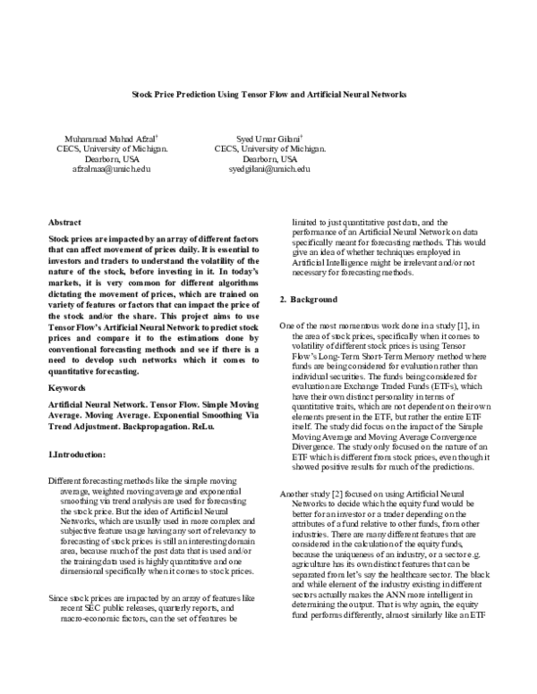 (PDF) Stock Price Prediction Using Tensor Flow and Artificial Neural Networks