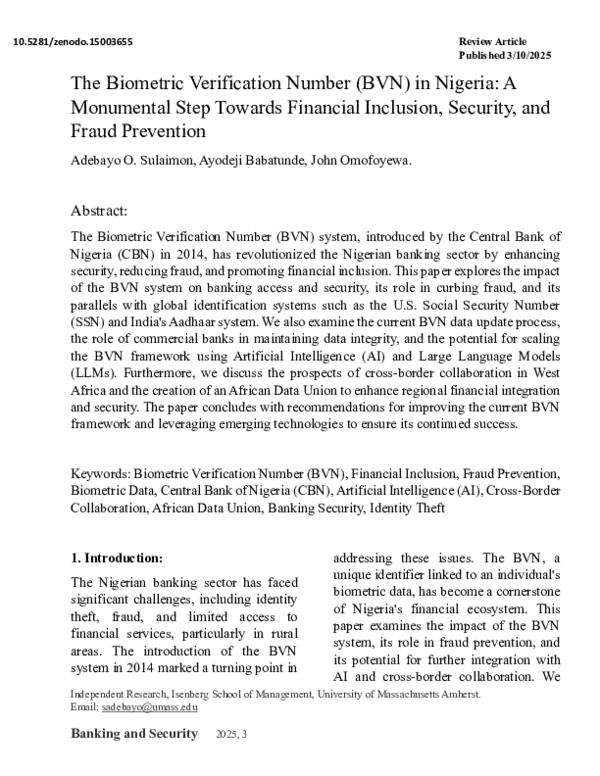 (PDF) The Biometric Verification Number (BVN) in Nigeria: A Monumental ...