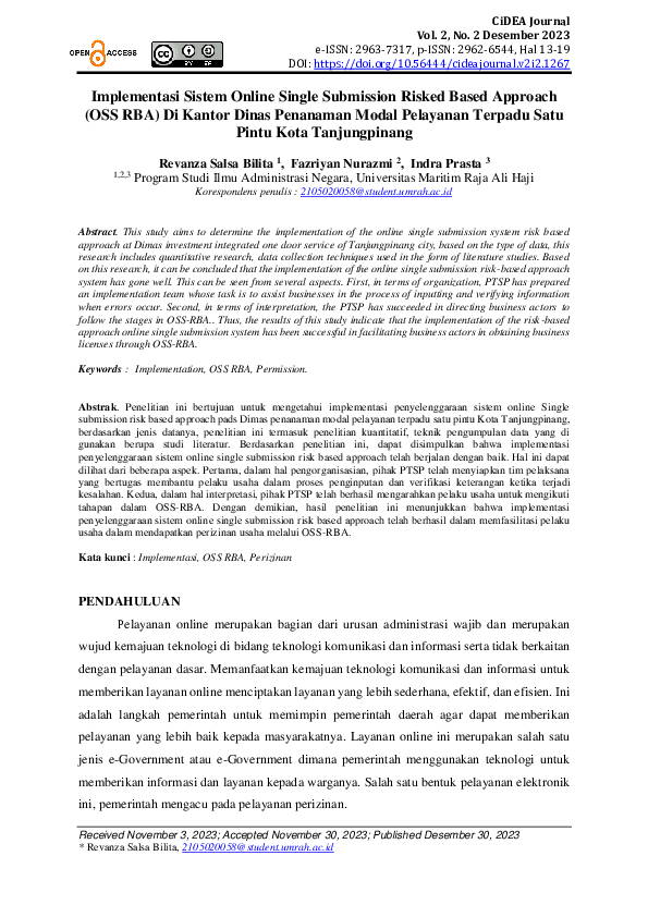 (PDF) Implementasi Sistem Online Single Submission Risked Based Approach (OSS RBA) Di Kantor ...