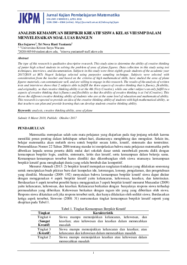 (PDF) Analisis Kemampuan Berpikir Kreatif Siswa Kelas VIII SMP Dalam Menyelesaikan Soal Luas ...