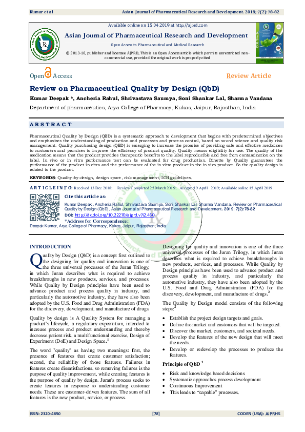 (PDF) Review on Pharmaceutical Quality by Design (QbD)