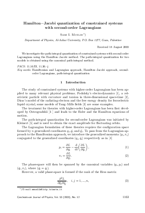 (PDF) Hamilton–Jacobi Quantization of Constrained Systems with Second-Order Lagrangians