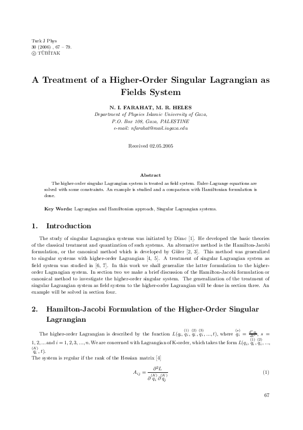 (PDF) A Treatment of a Higher-Order Singular Lagrangian as Fields System