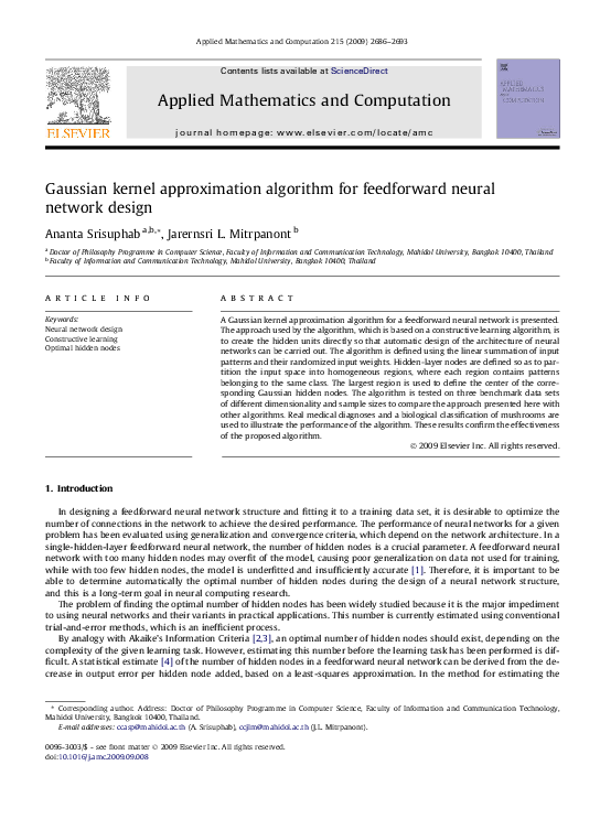 (PDF) Gaussian kernel approximation algorithm for feedforward neural network design