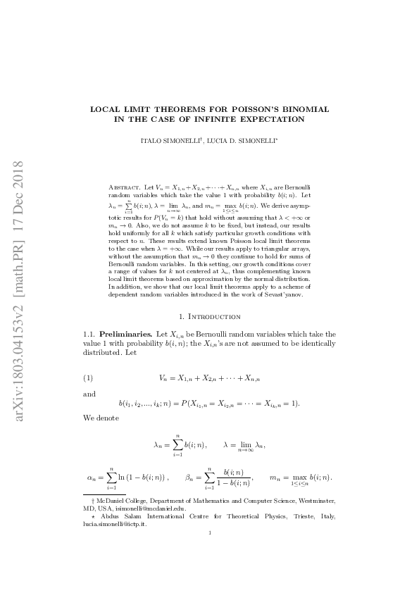 (PDF) Local Limit Theorems for Poisson's Binomial in the Case of ...