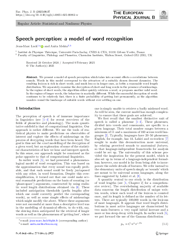(PDF) Speech perception: a model of word recognition