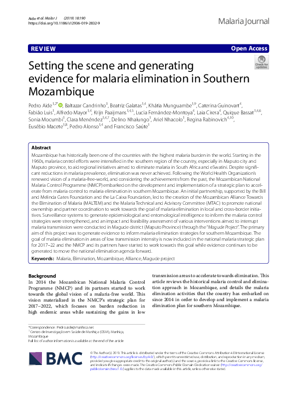 (PDF) Setting the scene and generating evidence for malaria elimination in Southern Mozambique