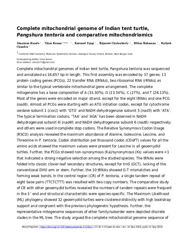 (PDF) Complete mitochondrial genome of Indian tent turtle, Pangshura ...