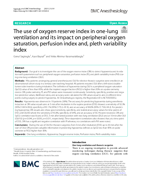 (PDF) The use of oxygen reserve index in one-lung ventilation and its ...