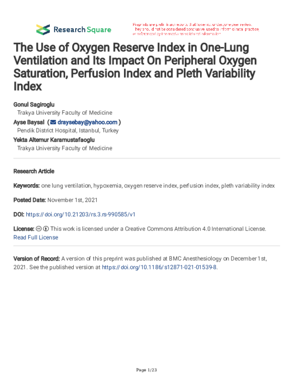 (PDF) The Use of Oxygen Reserve Index in One-Lung Ventilation and Its ...