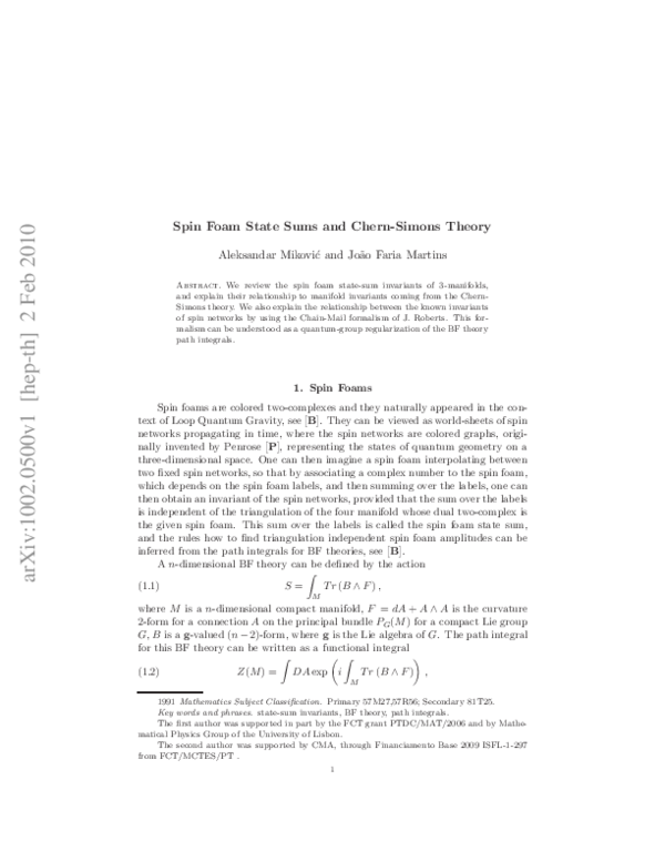 (PDF) Spin foam state sums and Chern-Simons theory