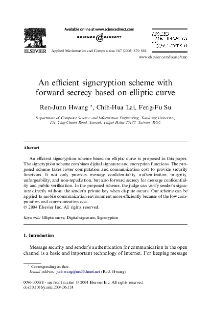 (PDF) An efficient signcryption scheme with forward secrecy based on elliptic curve