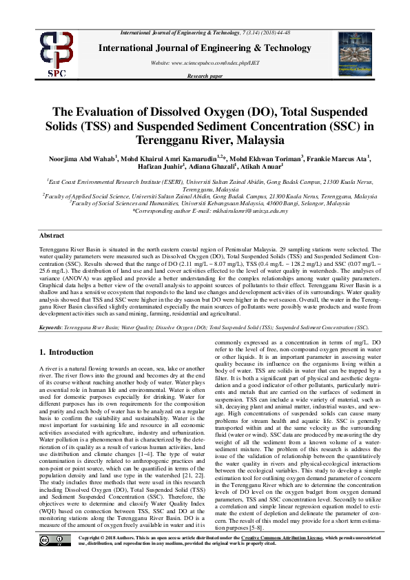 (PDF) The Evaluation of Dissolved Oxygen (DO), Total Suspended Solids (TSS) and Suspended ...