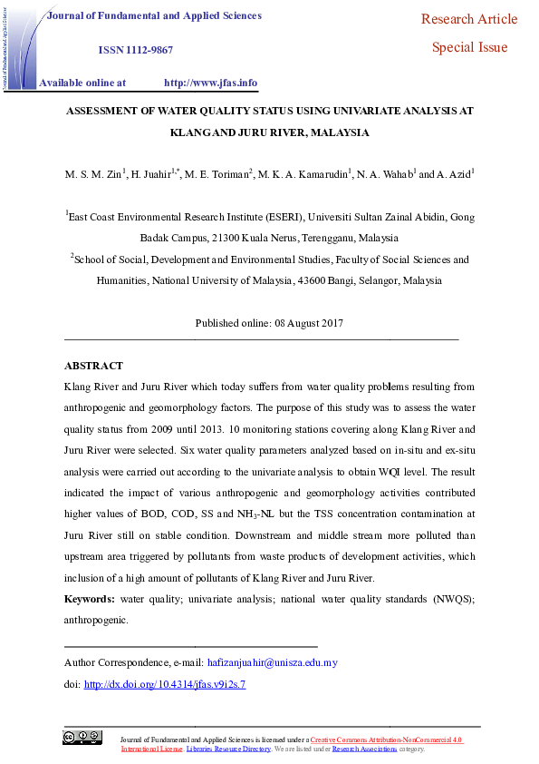 (PDF) Assessment of water quality status using univariate analysis at ...