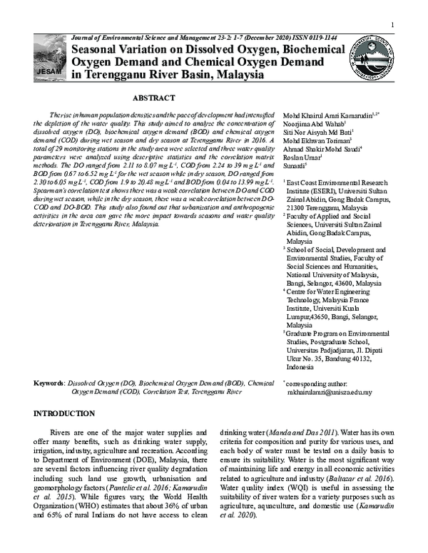 (PDF) Seasonal Variation on Dissolved Oxygen, Biochemical Oxygen Demand ...