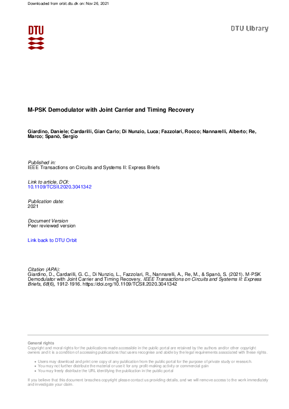 Pdf M Psk Demodulator With Joint Carrier And Timing Recovery