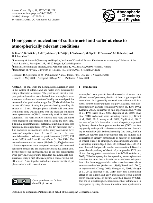(PDF) Homogenous nucleation of sulfuric acid and water at close to ...