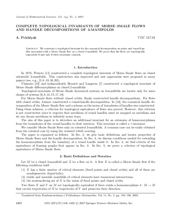 (PDF) Complete topological invariants of Morse-Smale flows and handle decompositions of 3-manifolds
