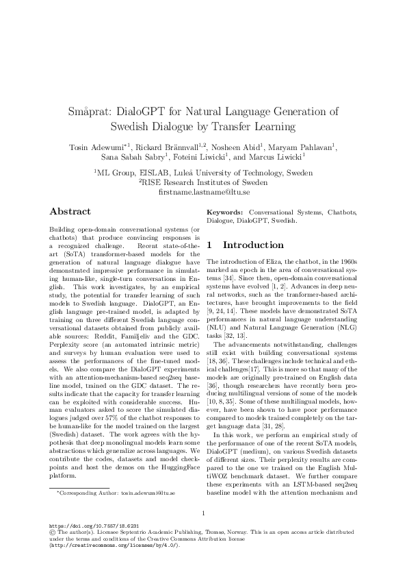 (PDF) Småprat: DialoGPT for Natural Language Generation of Swedish Dialogue by Transfer Learning