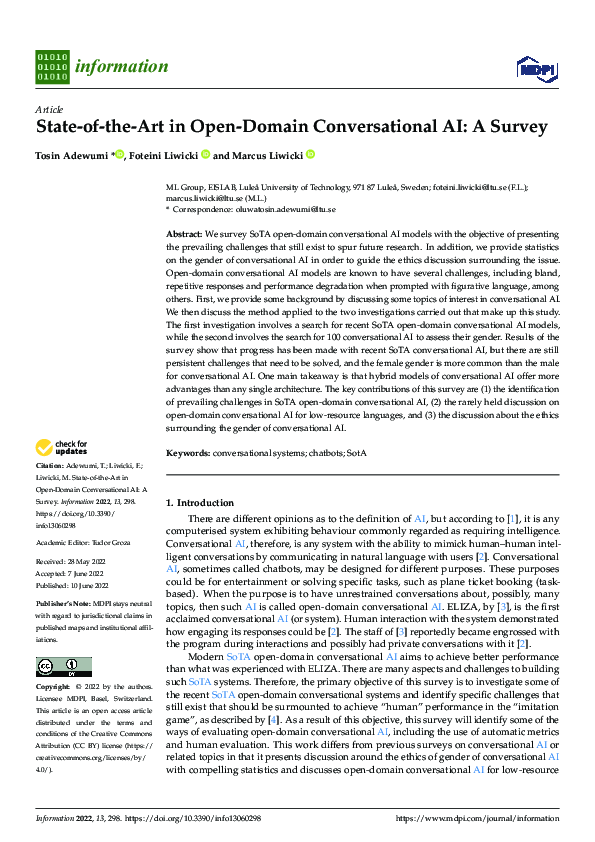 (PDF) State-of-the-Art in Open-Domain Conversational AI: A Survey