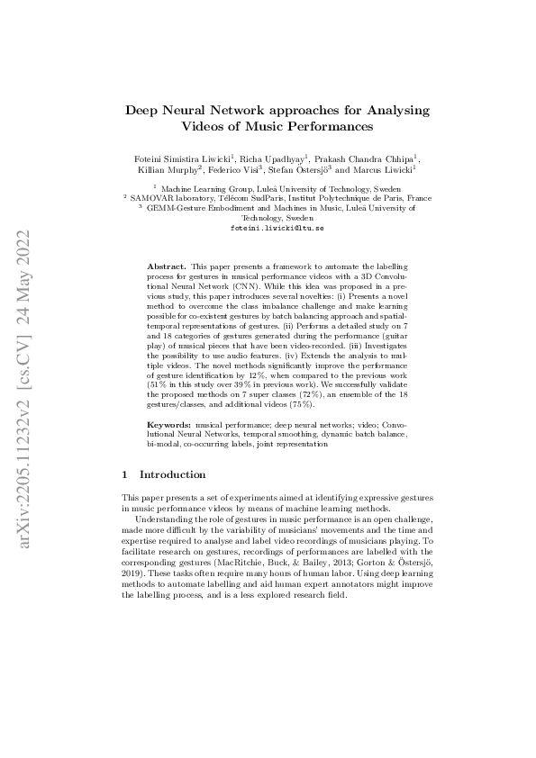 (PDF) Deep Neural Network approaches for Analysing Videos of Music Performances
