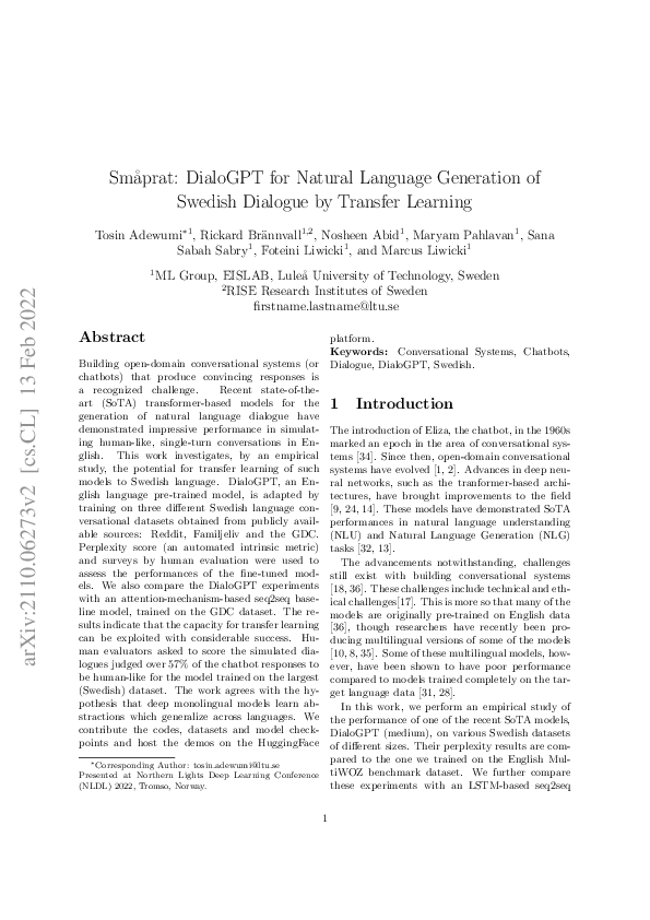 (PDF) Sm{\aa}prat: DialoGPT for Natural Language Generation of Swedish Dialogue by Transfer Learning