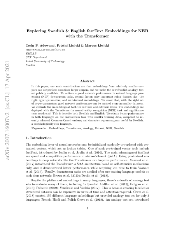 Exploring Swedish a English fastText Embeddings with the Transformer