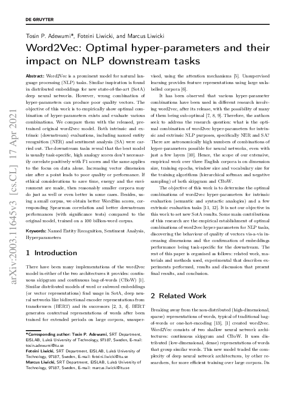 (PDF) Word2Vec: Optimal Hyper-Parameters and Their Impact on NLP Downstream Tasks