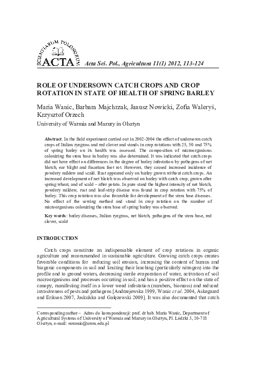 (PDF) Role of undersown catch crops and crop rotation in state of ...