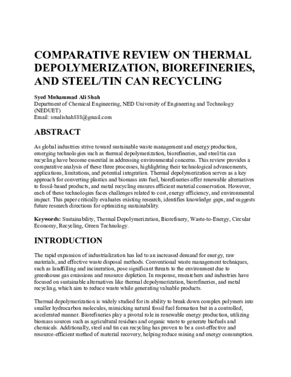 (PDF) Comparative Review on Thermal Depolymerization, Biorefineries ...
